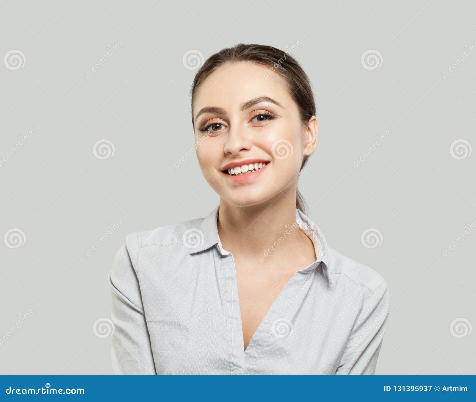 Friendly Young Woman Smiling on White Background Stock Image - Image of ...