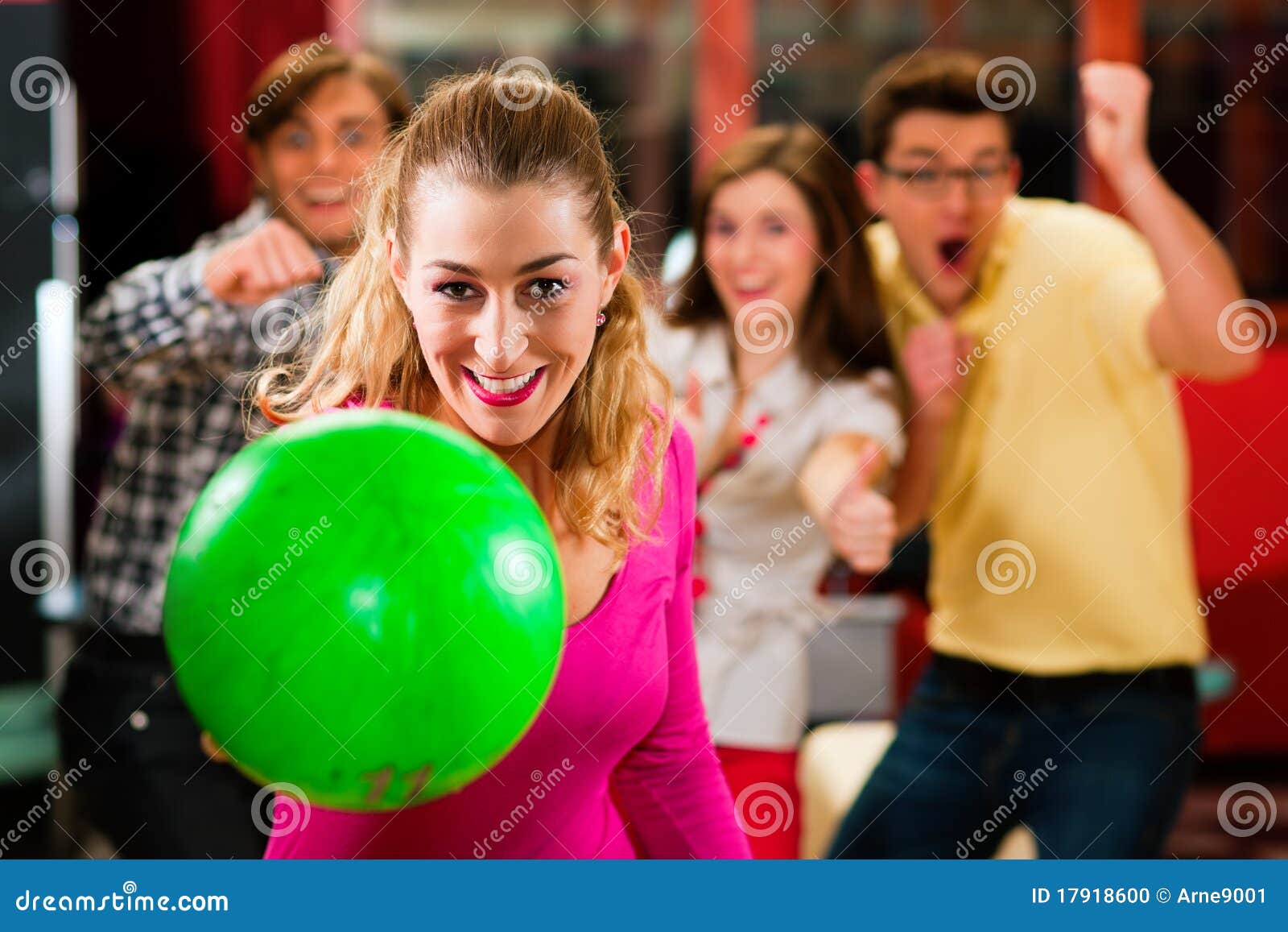 Friends bowling having fun stock photo. Image of woman - 17918600