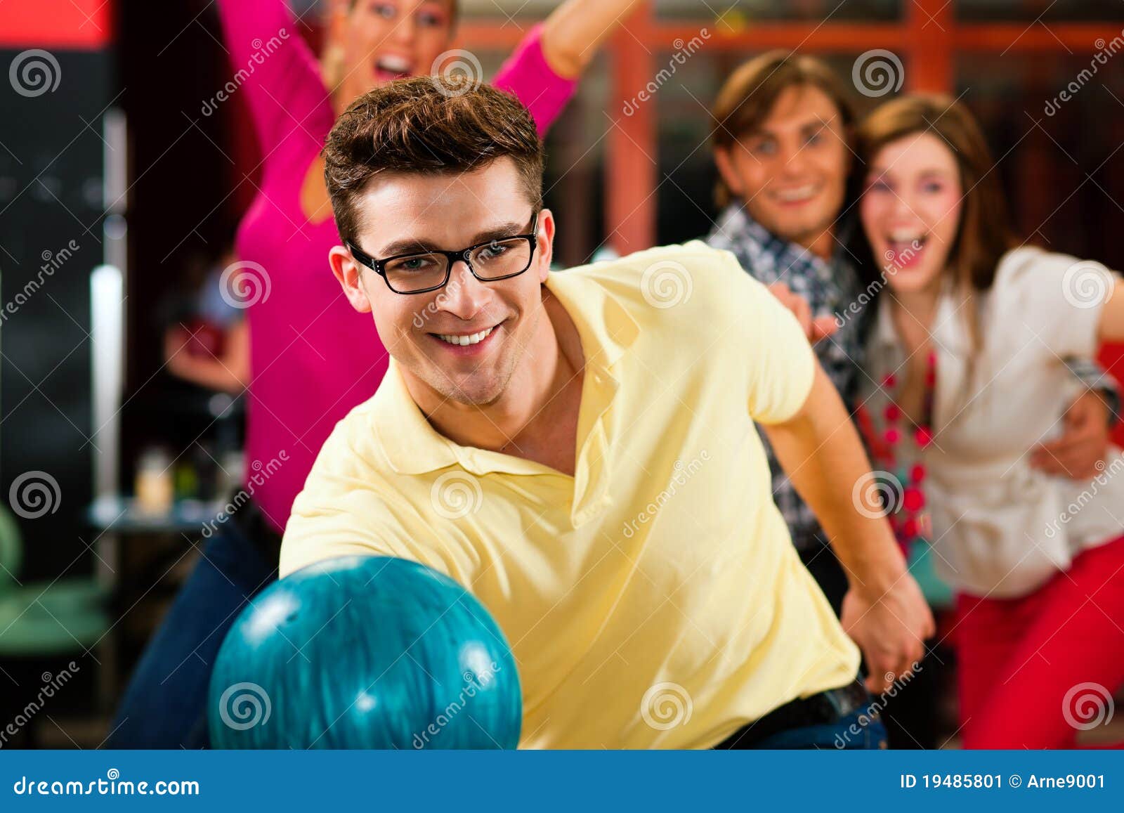 Friends bowling having fun stock image. Image of activity - 19485801