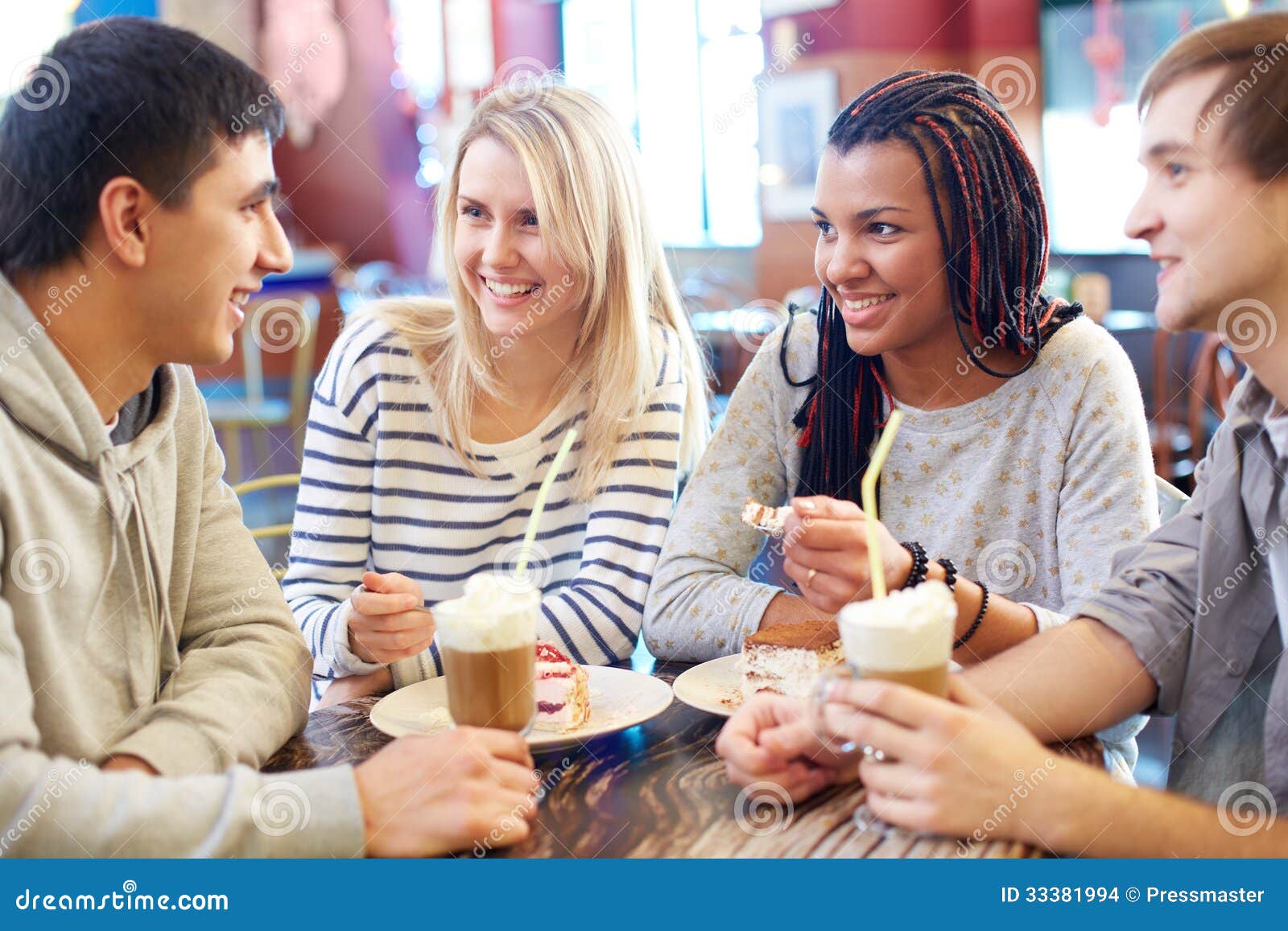 Friends in cafe stock photo. Image of gathered, female - 33381994