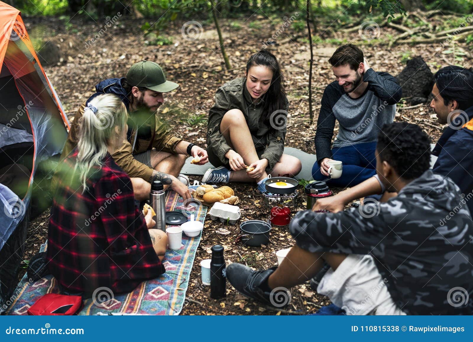 Friends Camping in the Forest Together Stock Photo - Image of ...