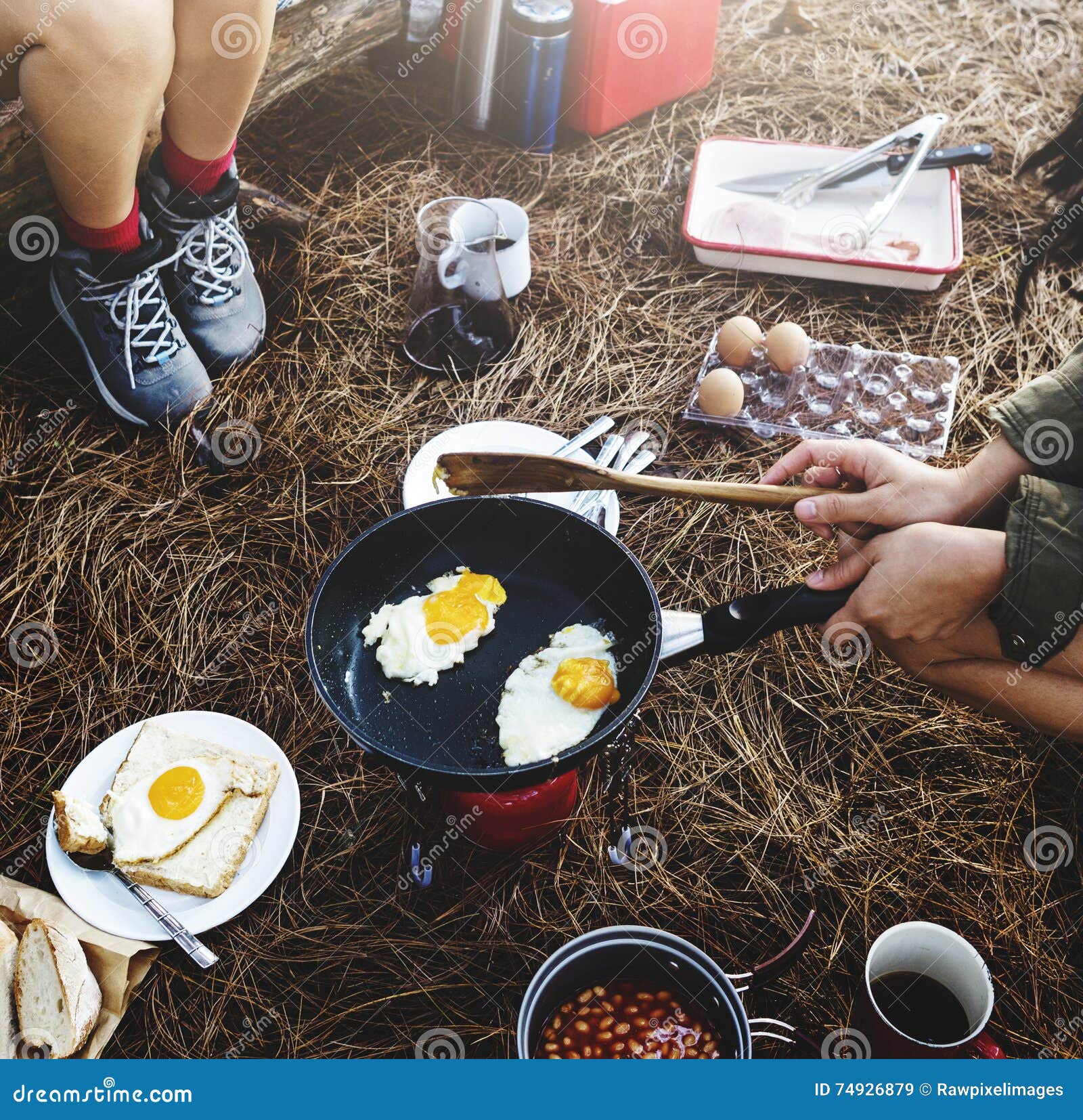 Friends Camping Morning Breakfast Cooking Concept Stock Image - Image ...