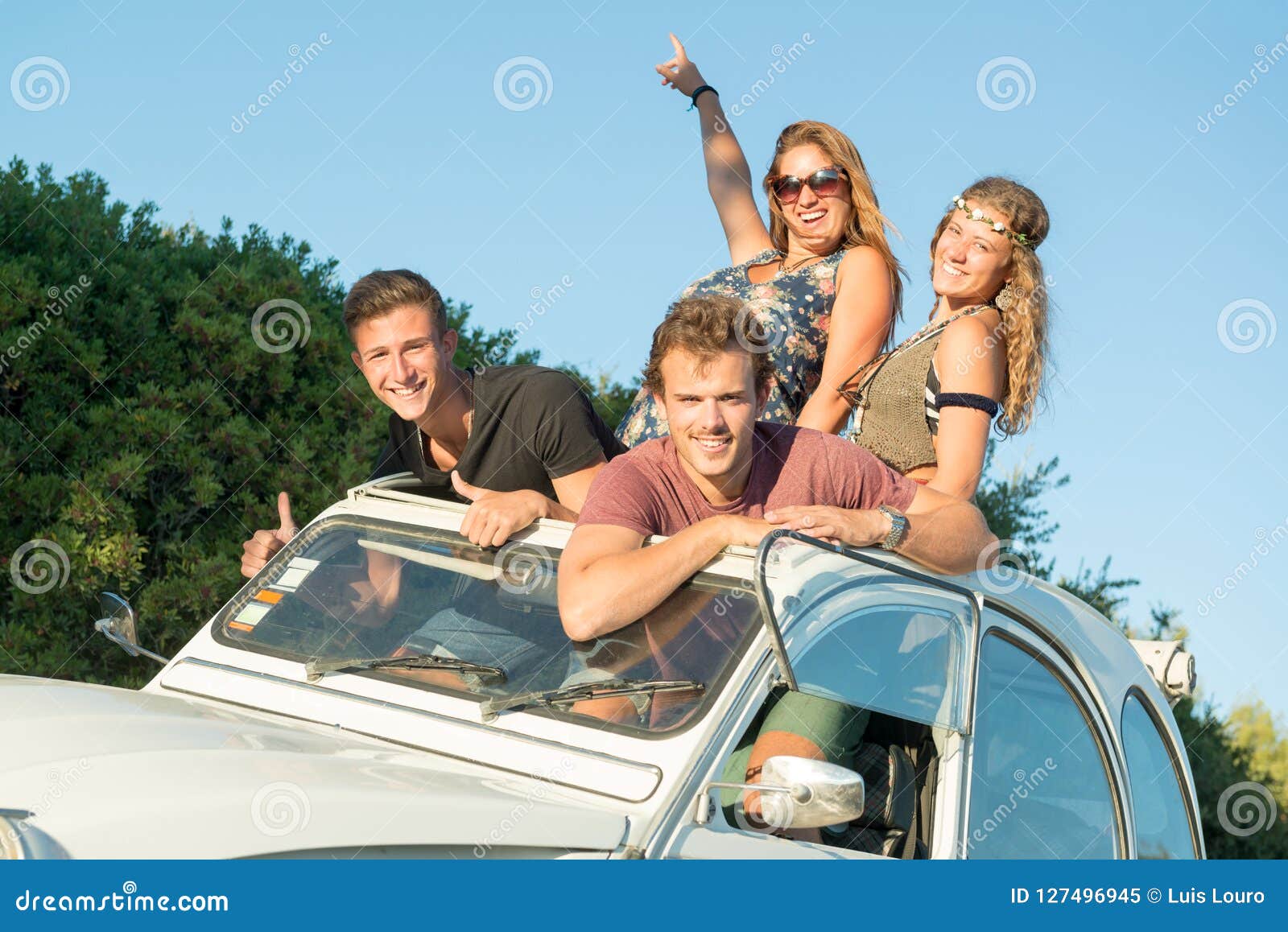 Friends in a car stock image. Image of love, beach, expressions - 127496945