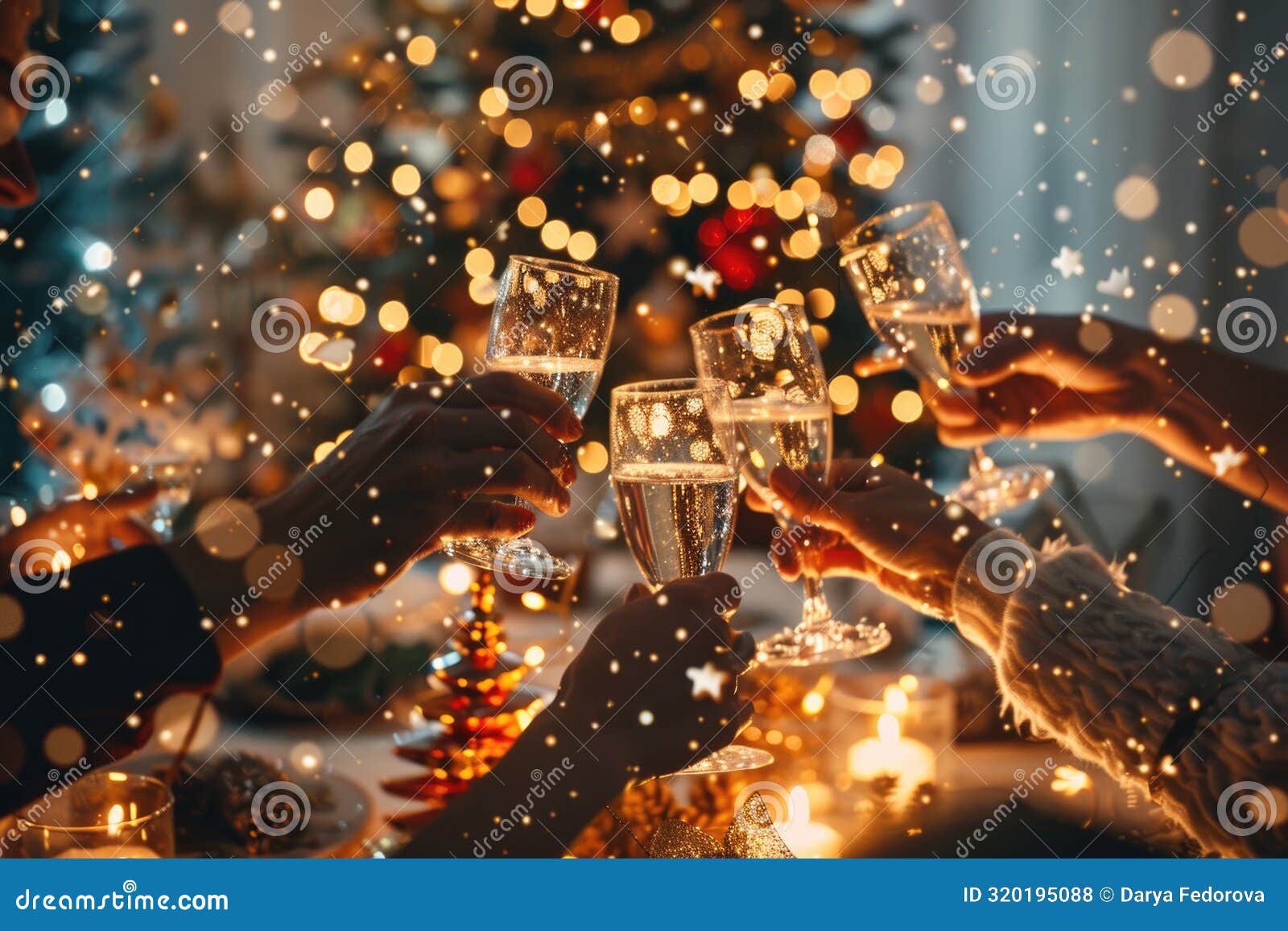Friends Celebrating Christmas Party with Wine and Snacks Stock Photo ...