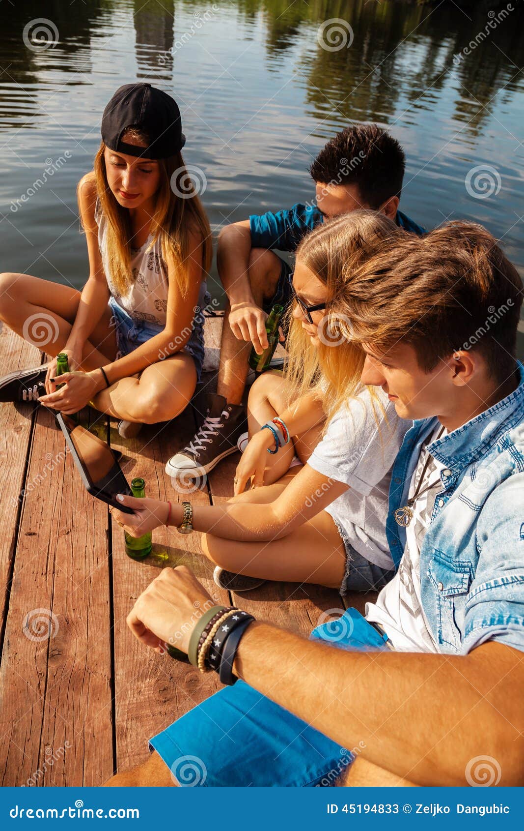 Friends Chilling Having Fun Near Lake Stock Image - Image of river ...