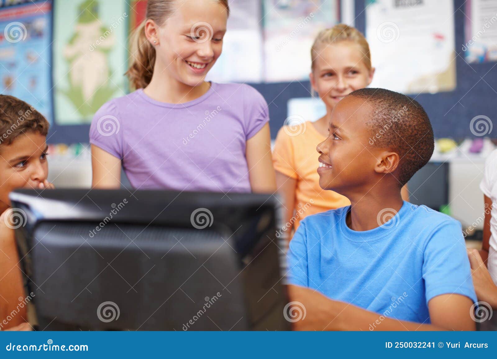 Friends in Computer Class. a Group of Cute School Kids Sitting and ...