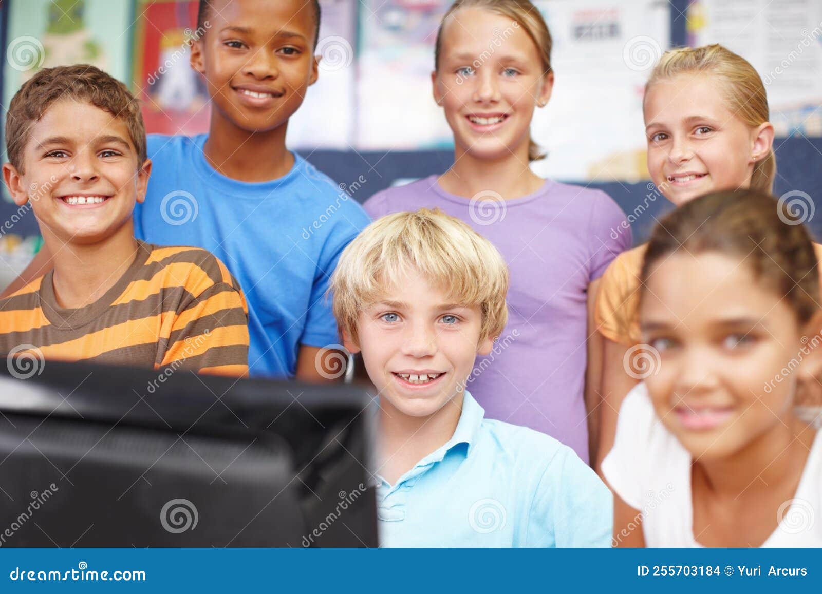 Friends in Computer Class. Portrait of a Group of School Kids Sitting ...