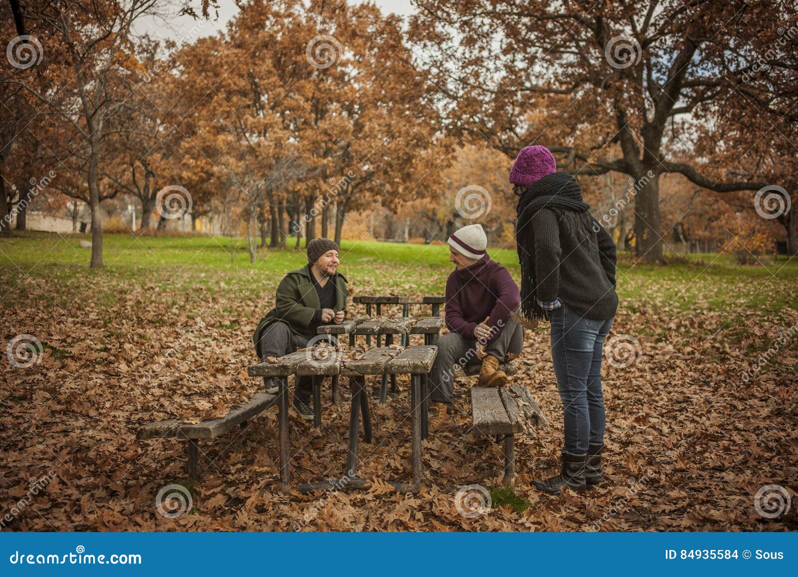 Friends Conversation in a Park Full of Leaves. Stock Photo - Image of ...