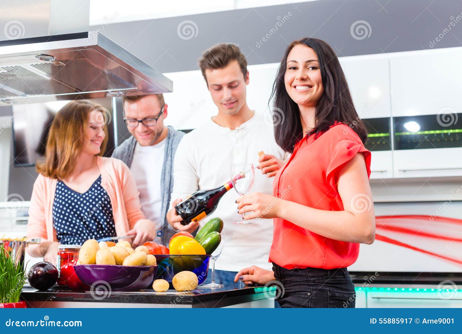 Friends Cooking Pasta in Domestic Kitchen Stock Image - Image of home ...