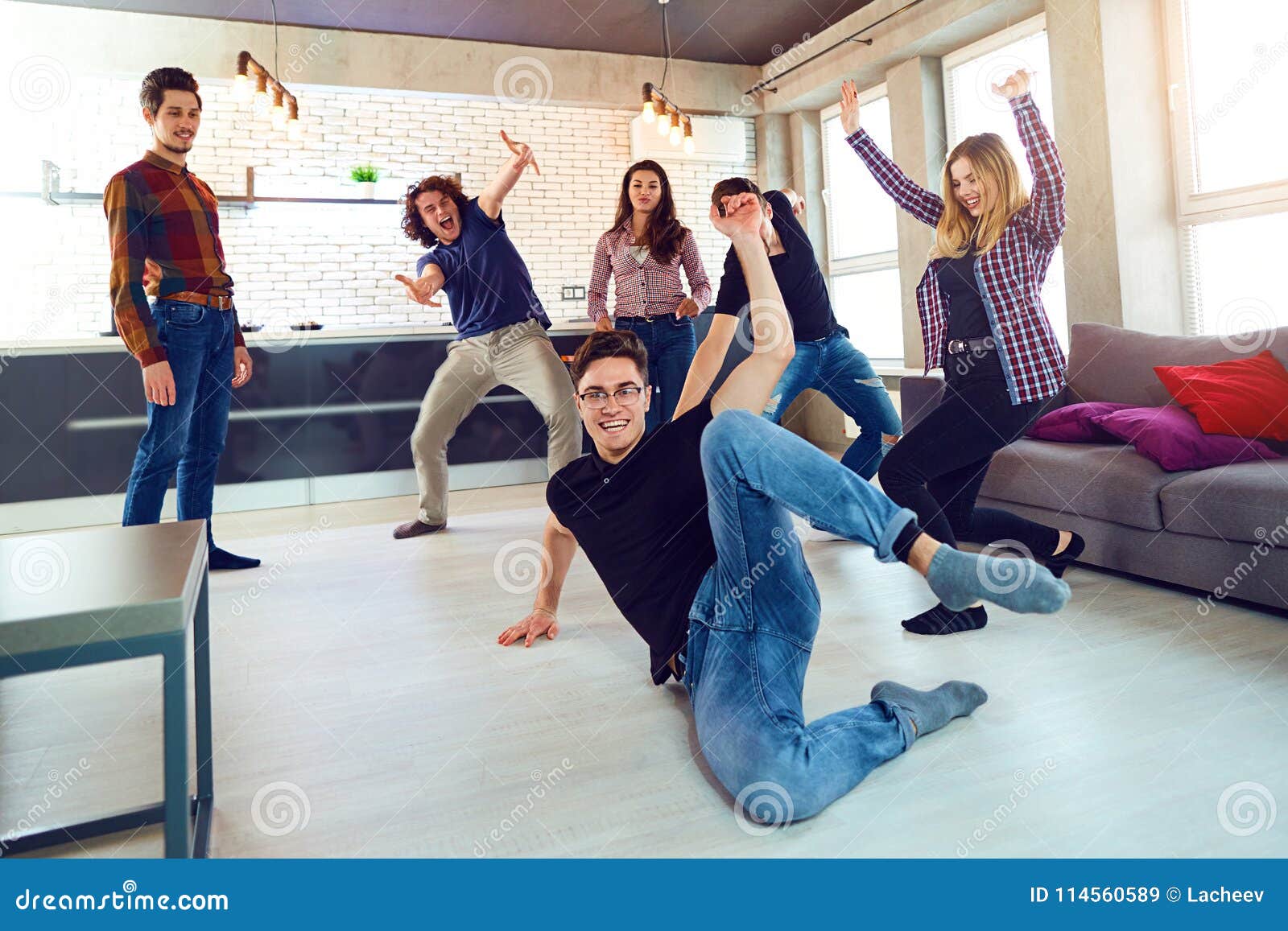 Friends Dance at a Student`s Party in the Apartment. Stock Image ...
