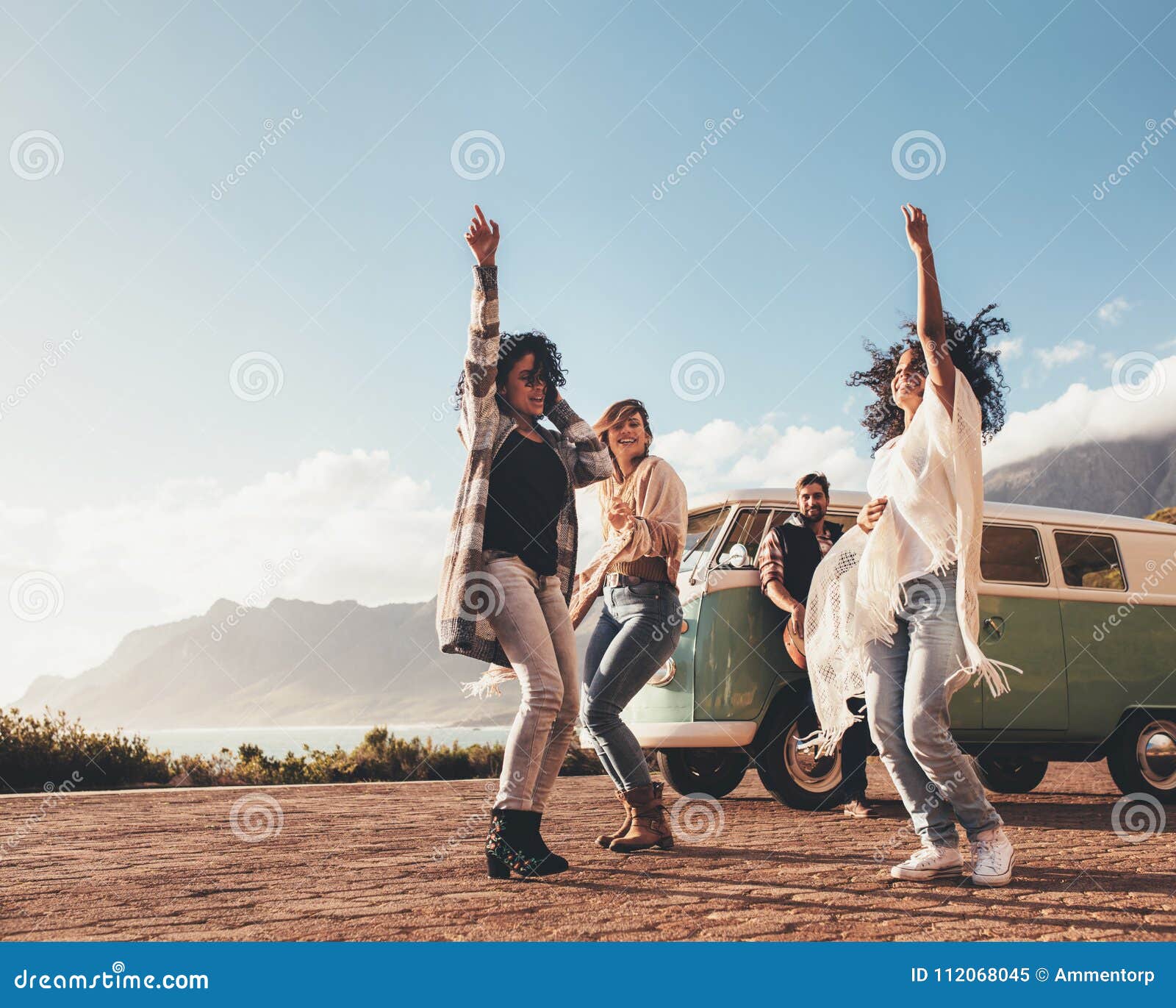 Friends Dancing and Having Fun on Road Trip Stock Image - Image of ...
