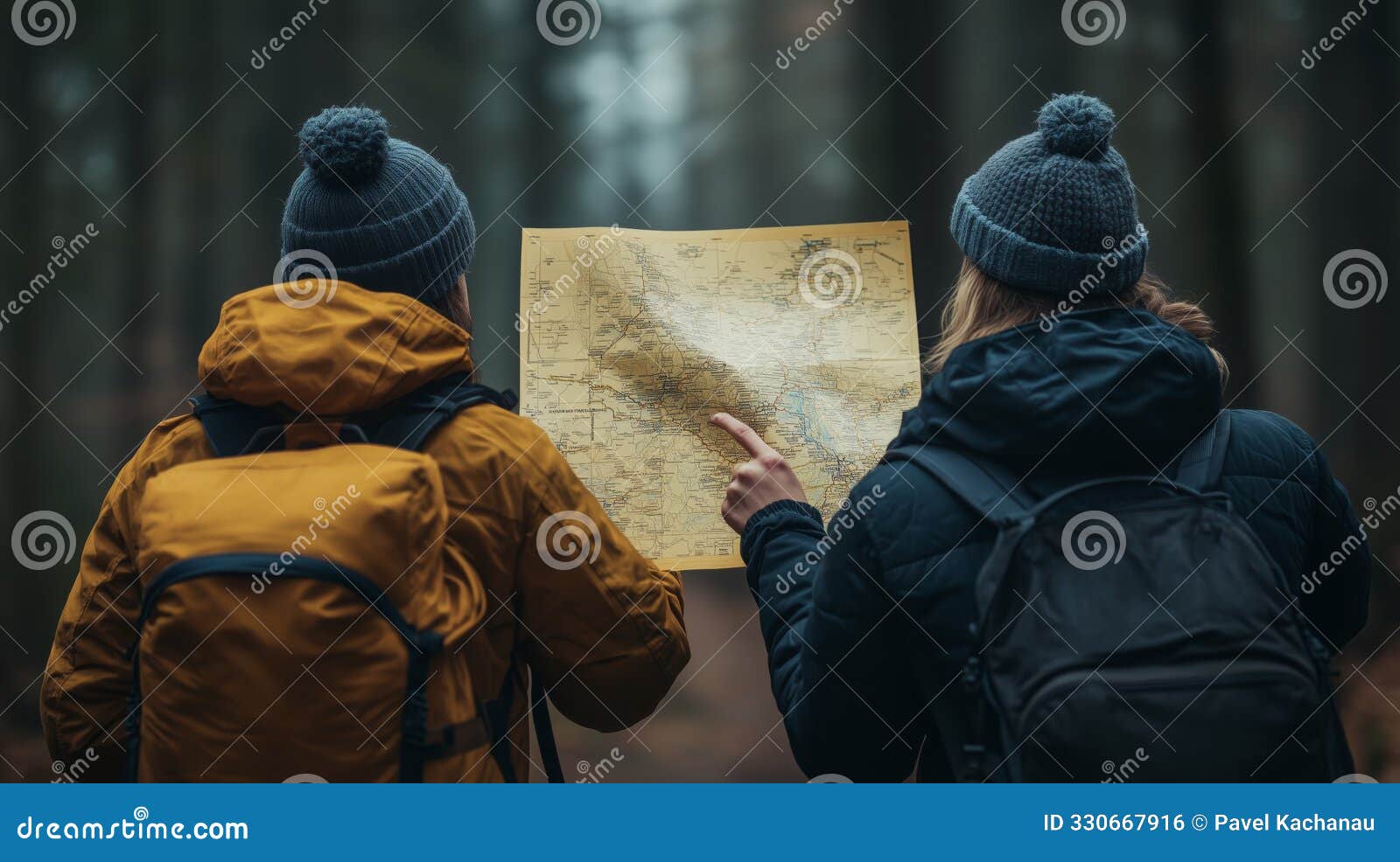 Friends Discuss Directions while Studying a Map in a Serene Forest ...