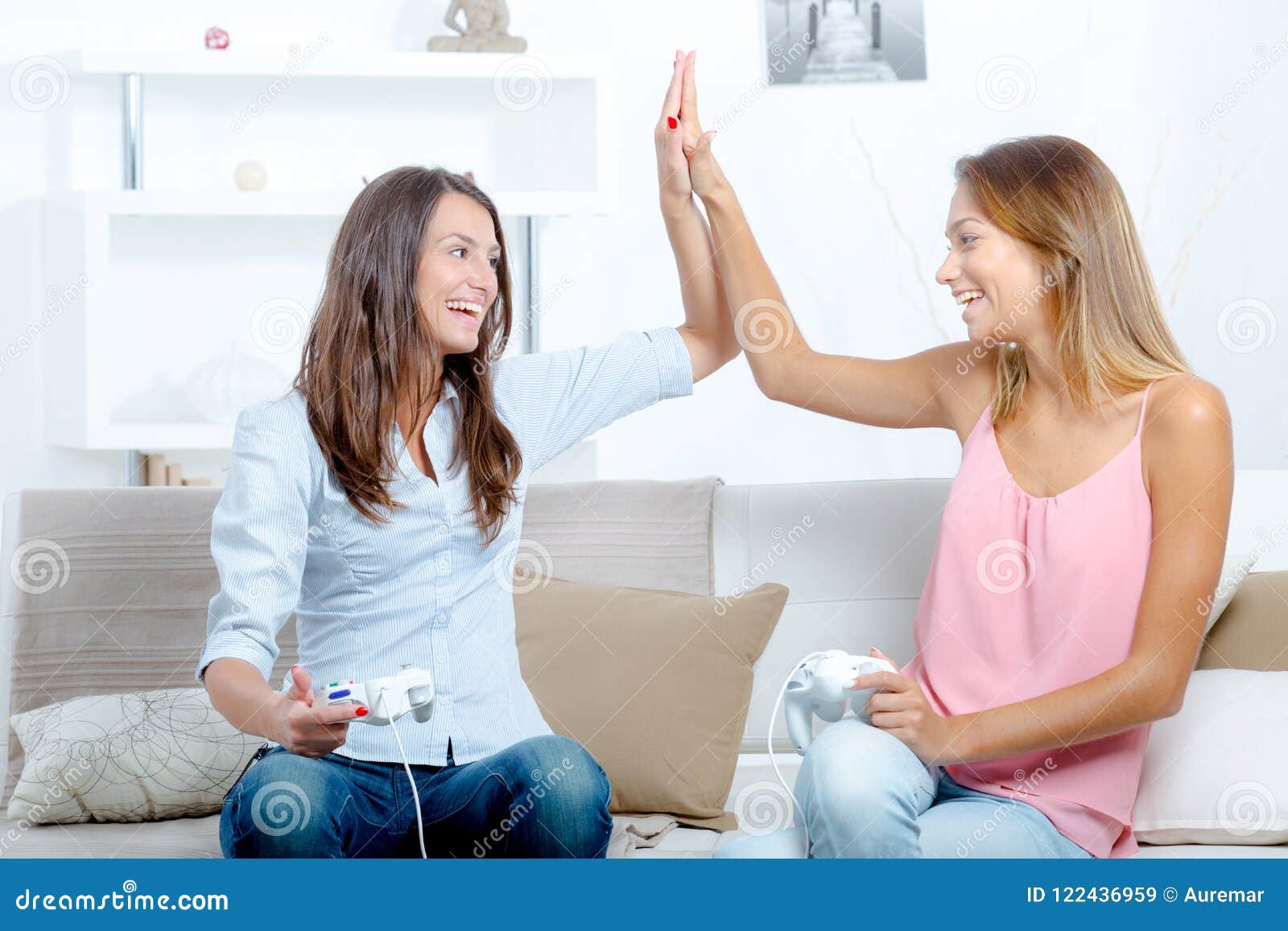 Friends Doing High Five after Computer Game Stock Image - Image of ...