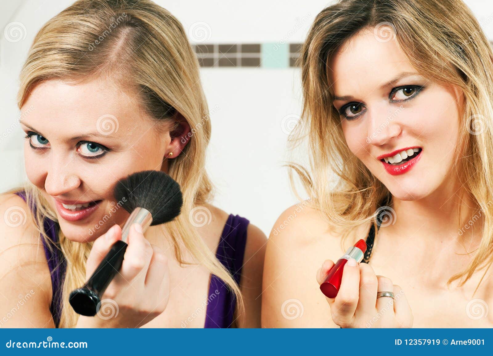 Friends doing make-up stock image. Image of model, application - 12357919