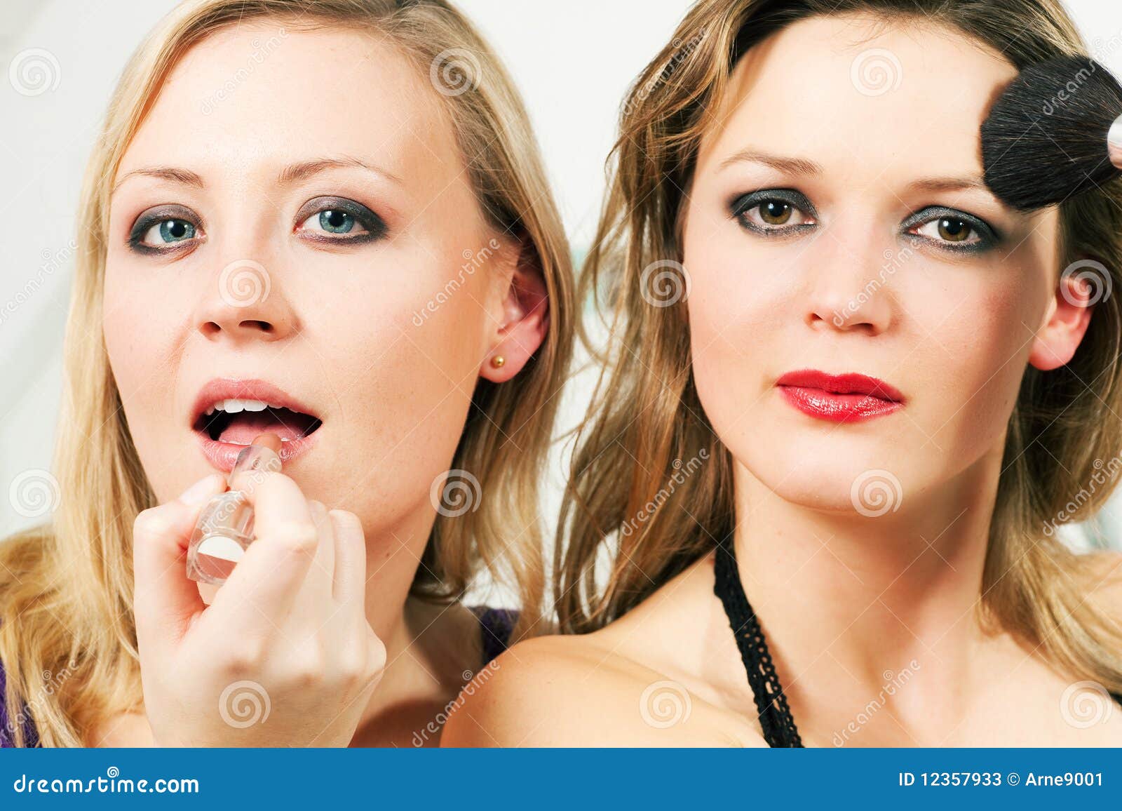 Friends doing make-up stock image. Image of brush, application - 12357933
