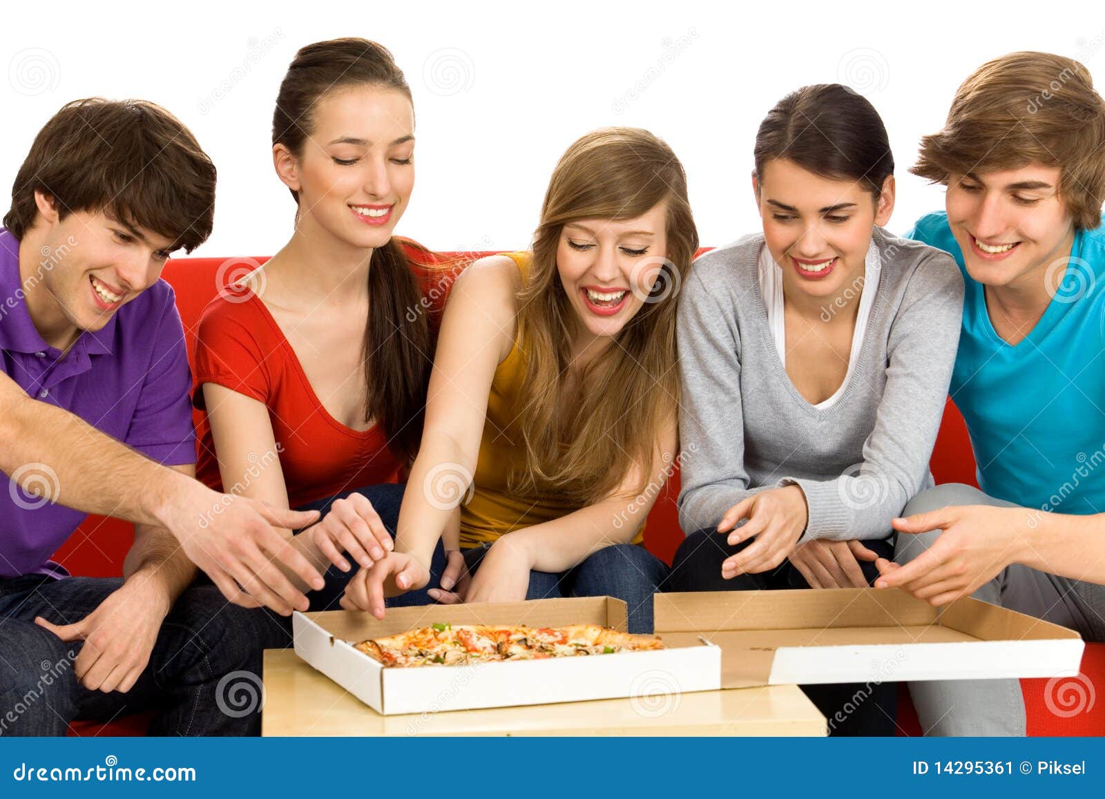 Friends Eating Pizza stock image. Image of couch, people - 14295361