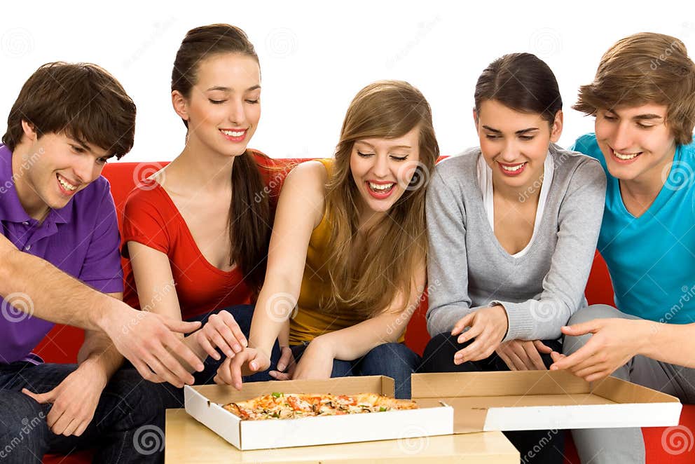 Friends Eating Pizza stock image. Image of couch, people - 14295361