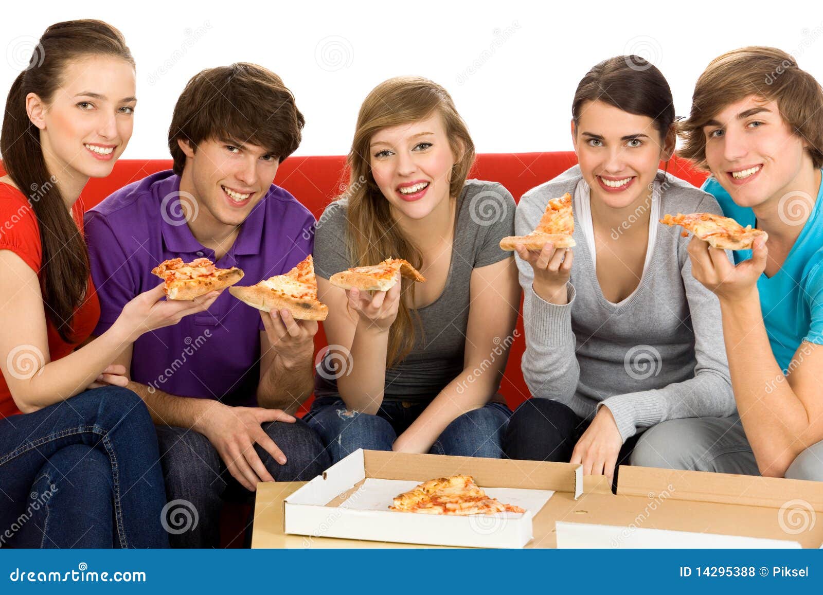 Friends Eating Pizza stock photo. Image of handsome, colorful - 14295388