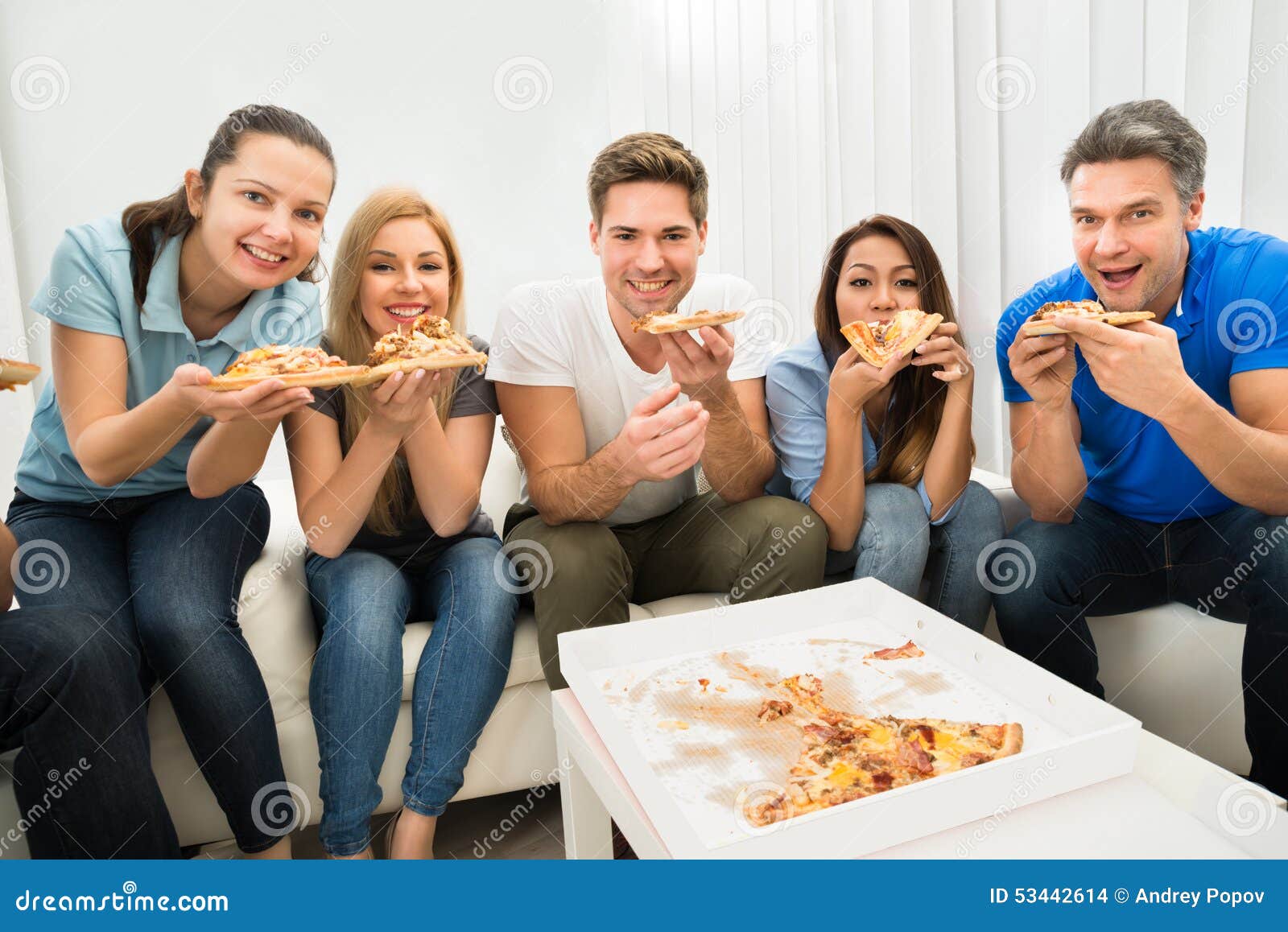 Friends eating pizza stock photo. Image of cheerful, caucasian - 53442614