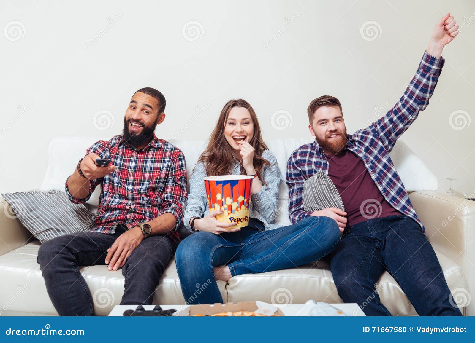 Friends Eating Popcorn and Watching Tv Together Stock Photo - Image of ...