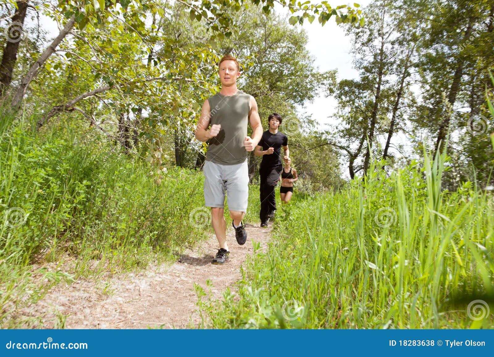 Friends Exercising in Forest Track Stock Photo - Image of male ...