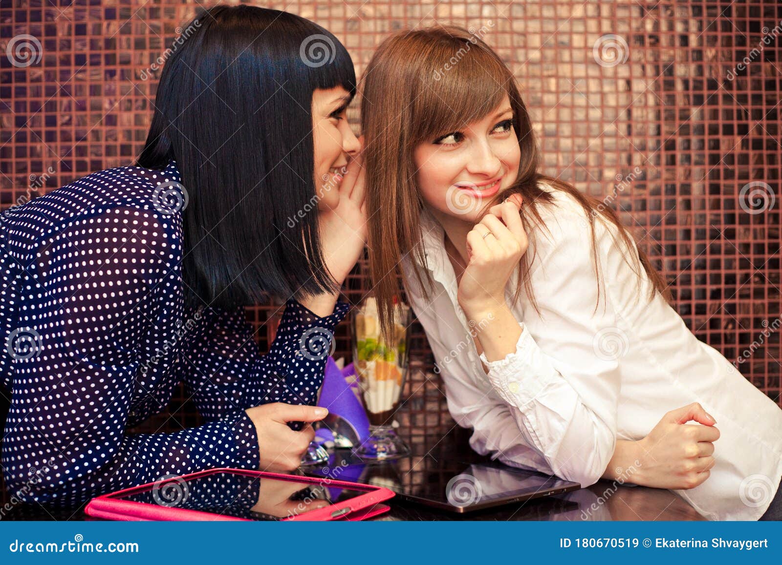 Friends gossiping in cafe stock image. Image of chat - 180670519