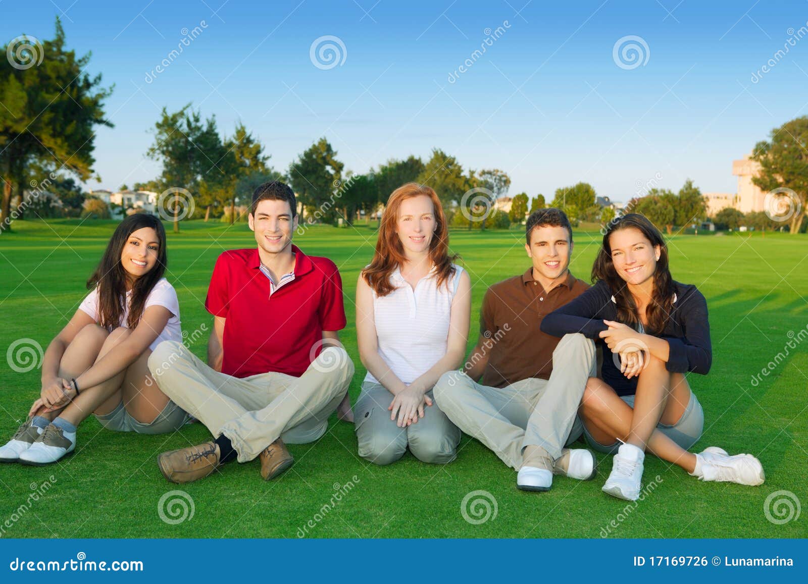 Friends Group People Happy Sitting Green Grass Stock Photo - Image of ...