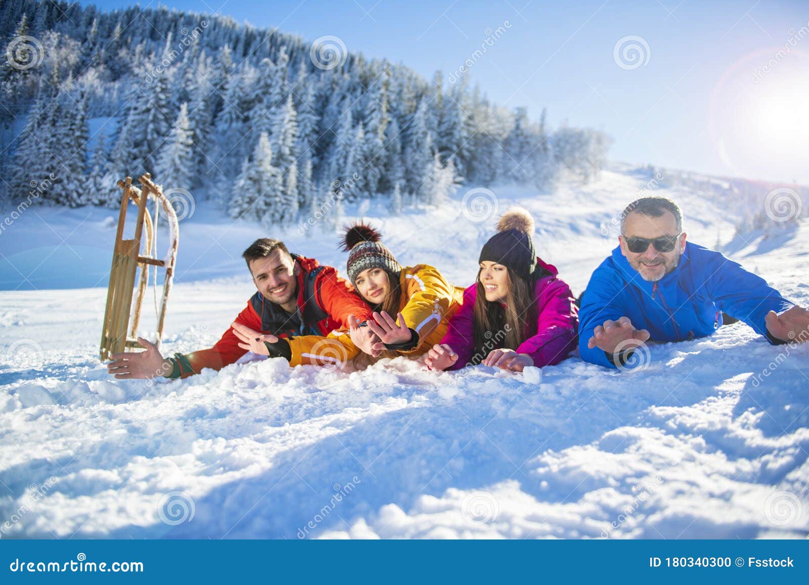 Friends Have Fun at Winter on Fresh Snow Stock Photo - Image of cool ...