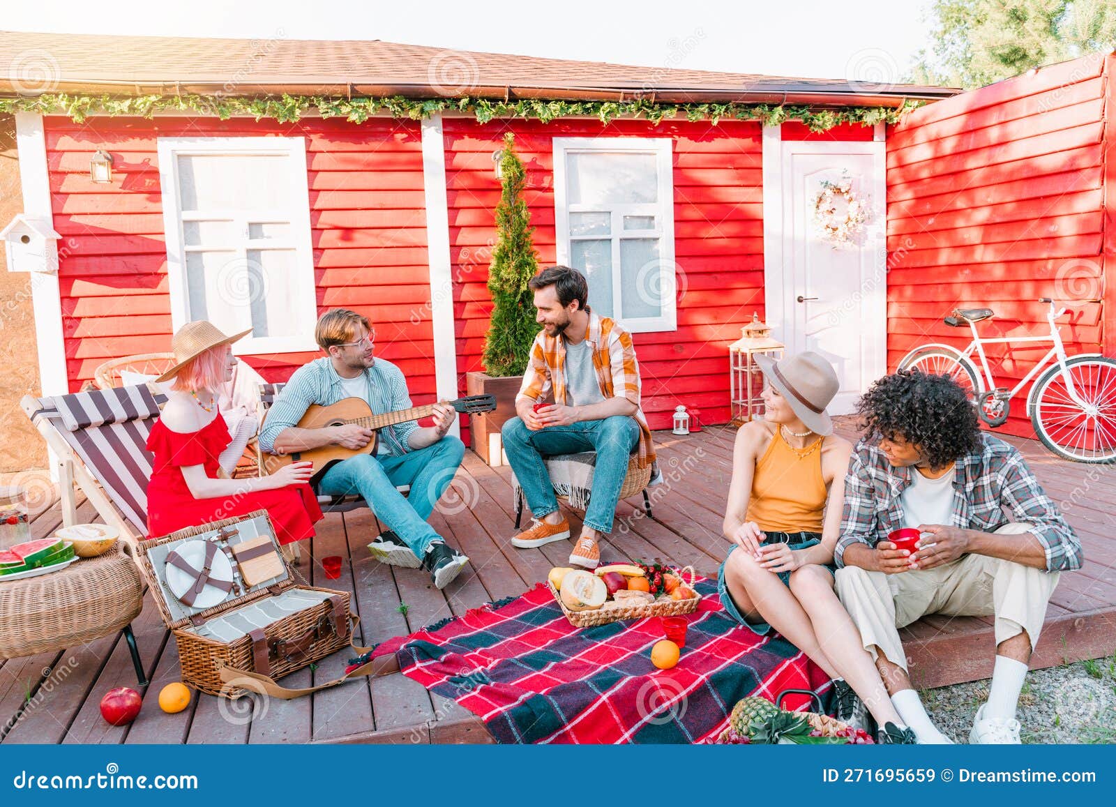 Friends Have a Picnic and Play with Guitar Stock Image - Image of ...