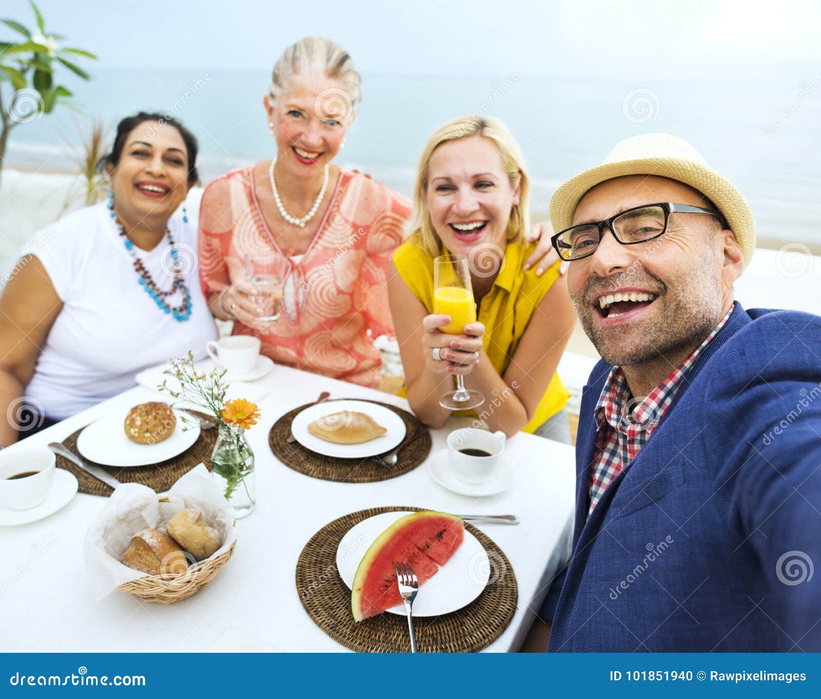 Friends Having Breakfast at a Hotel Stock Photo - Image of hands ...