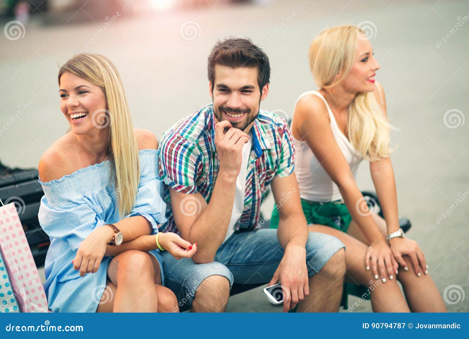 Friends Having Fun on the Bench Stock Image - Image of relax, smiling ...