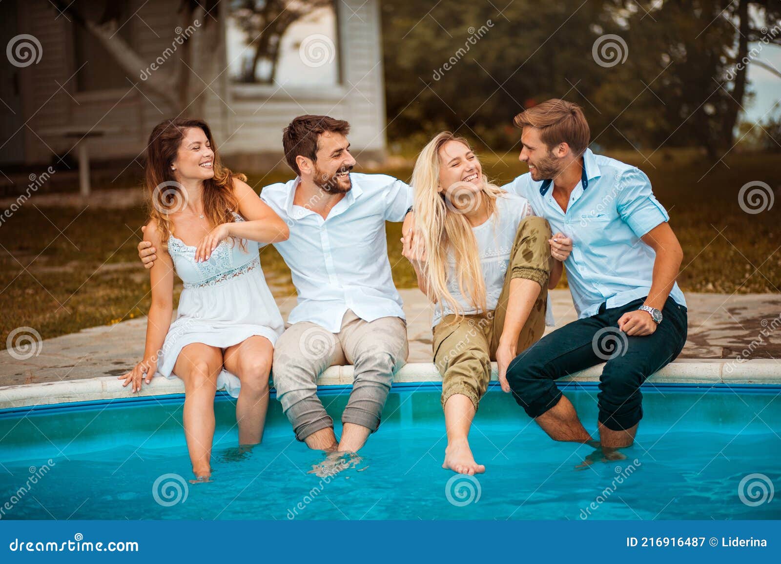 Friends Having Fun by the Pool Stock Image - Image of activity, bonding ...