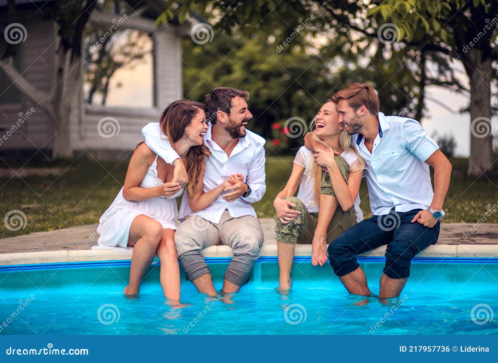 Friends Having Fun by the Pool Stock Photo - Image of couple, males ...