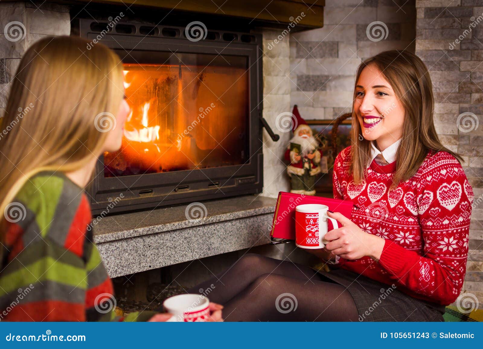 Friends Having Tea and Enjoying by the Fireplace Stock Image - Image of ...