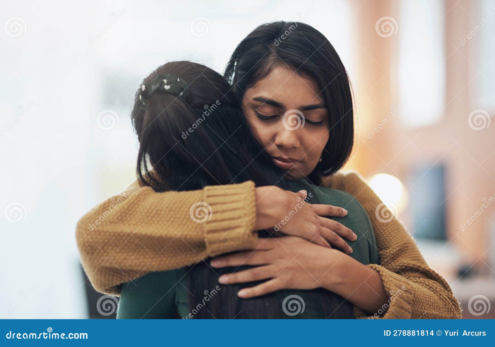 Friends Hug And Support Of Women Together In A House With Love Care