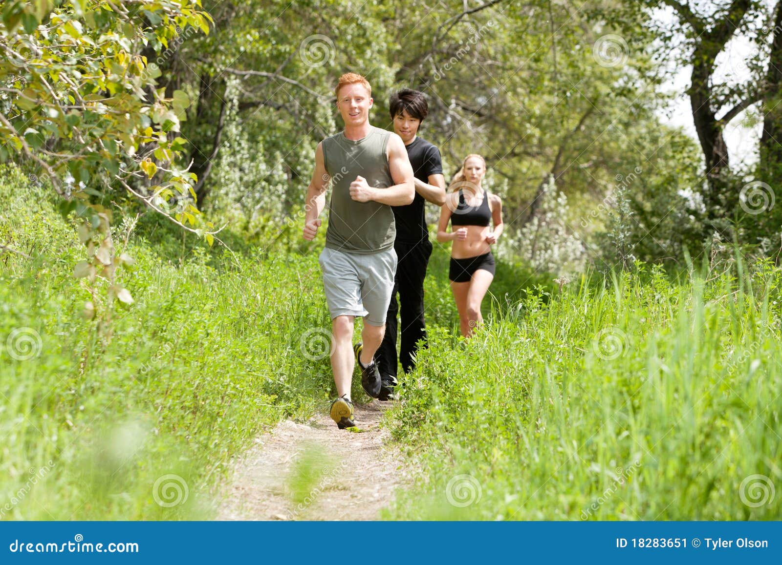 Friends Jogging in the Forest Stock Image - Image of exercise ...