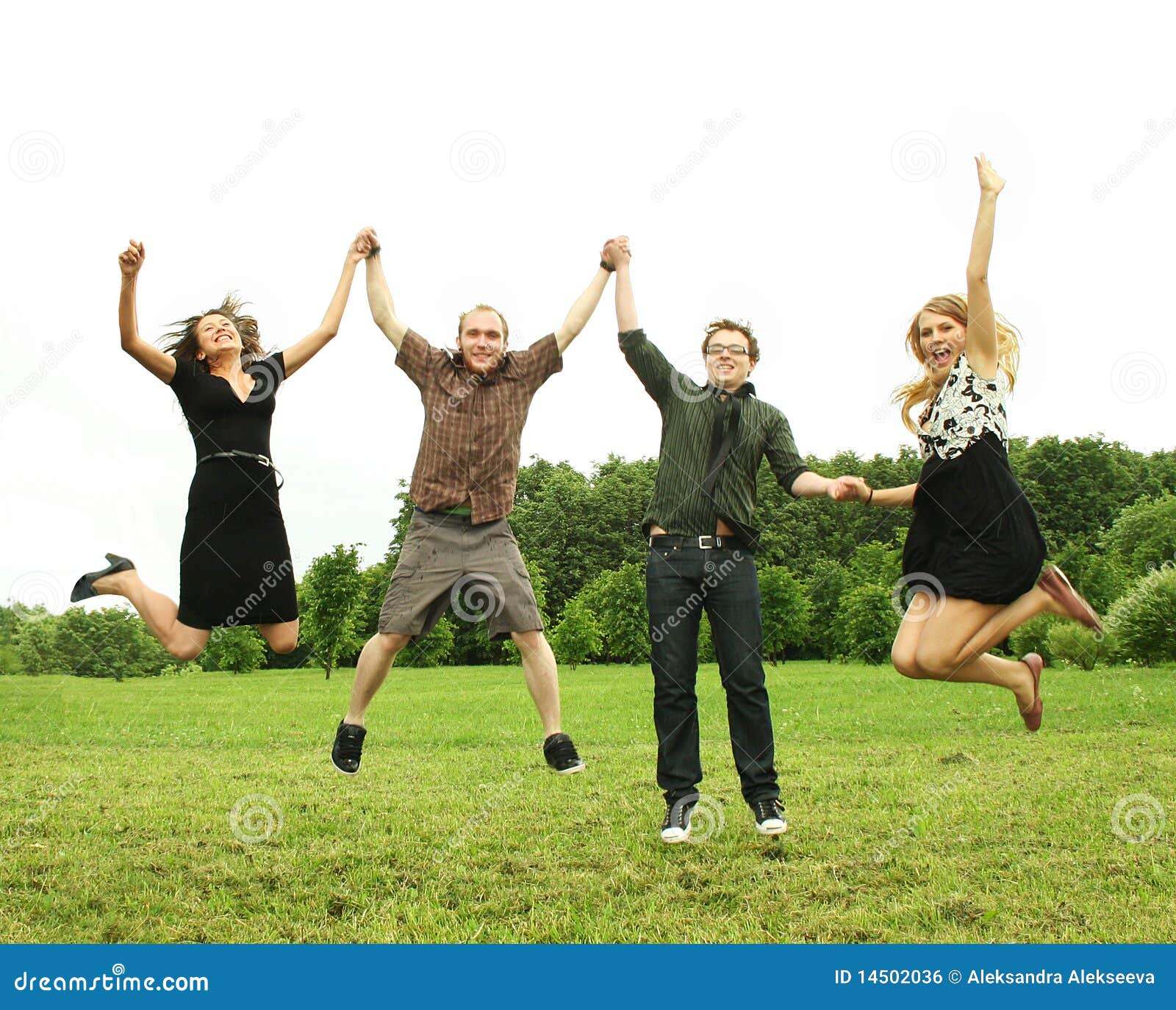 Friends jumping outdoor stock photo. Image of laughing - 14502036
