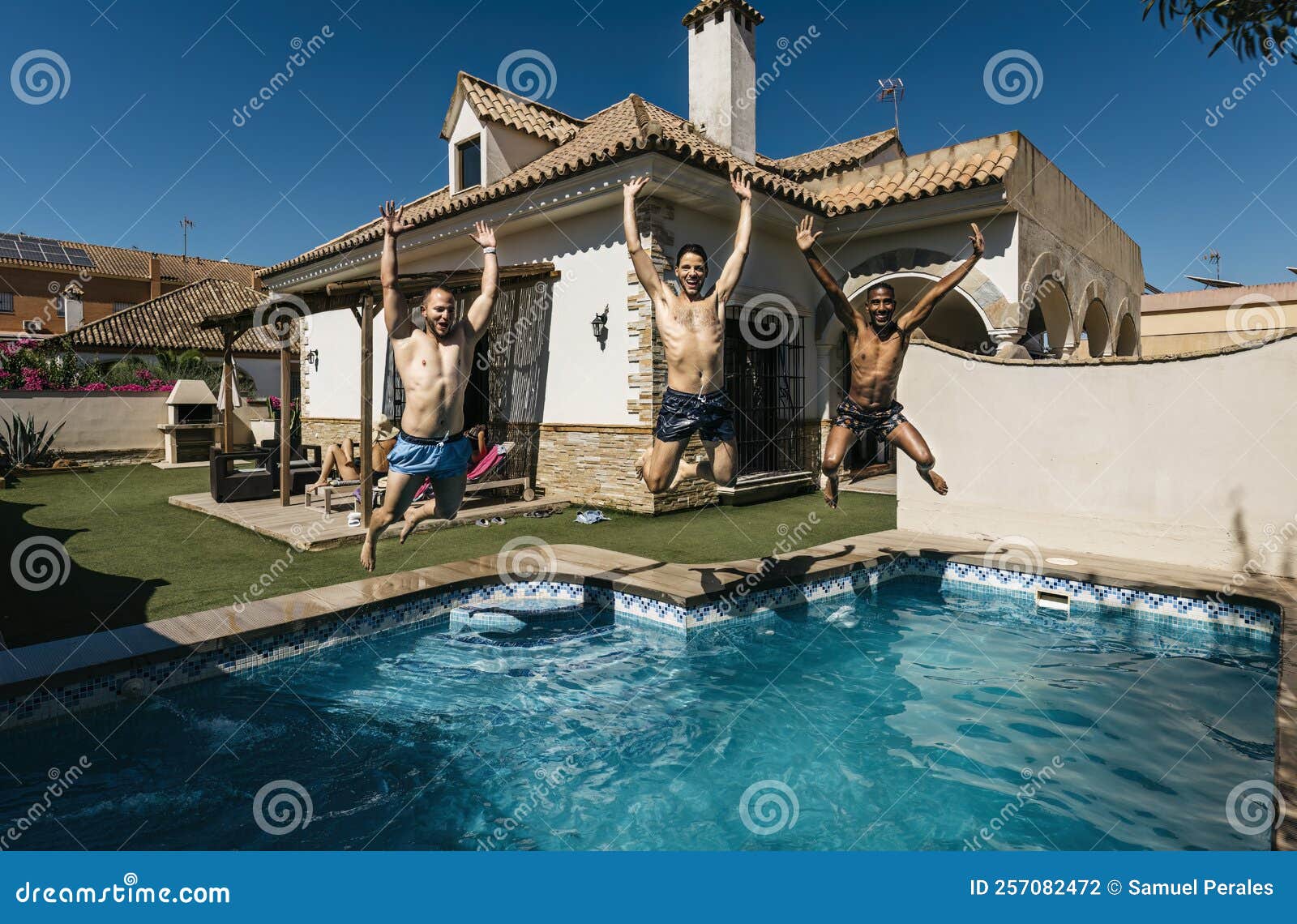 3 Friends Jumping into a Pool in Summer Stock Photo - Image of ...