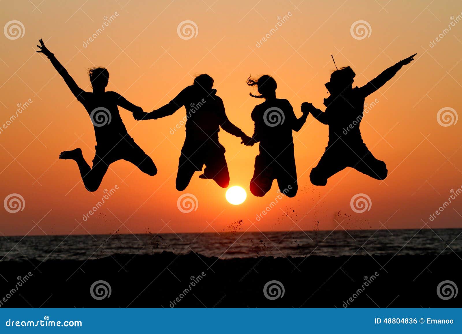 Friends Jumping in Sunset at Beach Stock Photo - Image of female ...