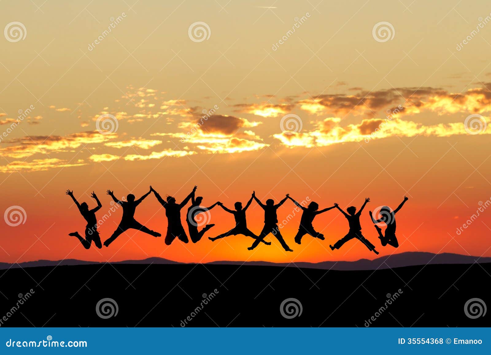 Friends Jumping in Sunset Sky Stock Photo - Image of summer, happiness ...