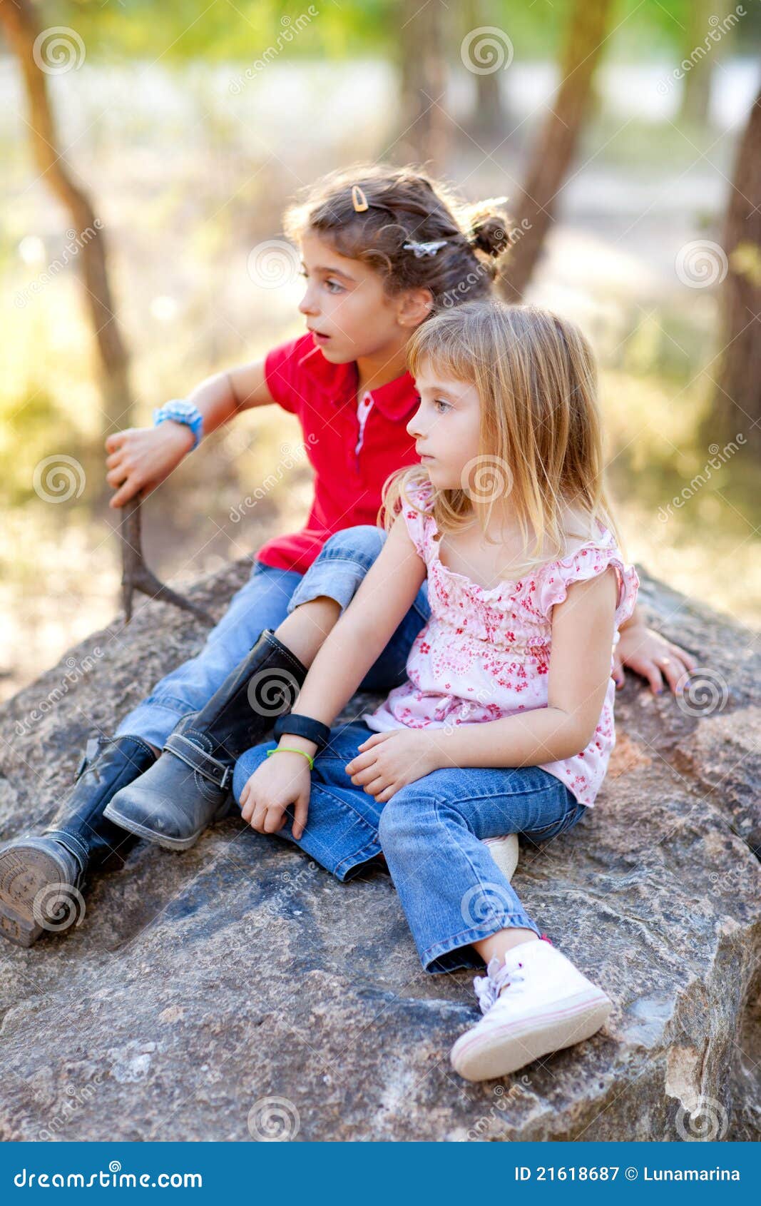 Friends Kid Girls Playing In Forest Rock Royalty-Free Stock Photo ...