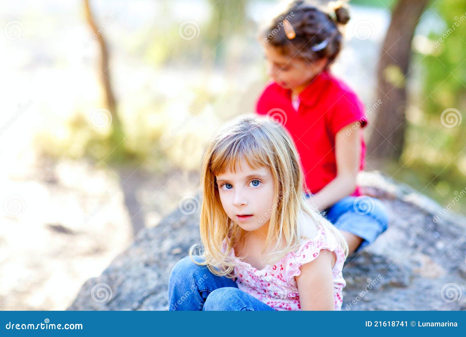 Friends Kid Girls Playing in Forest Rock Stock Image - Image of ...