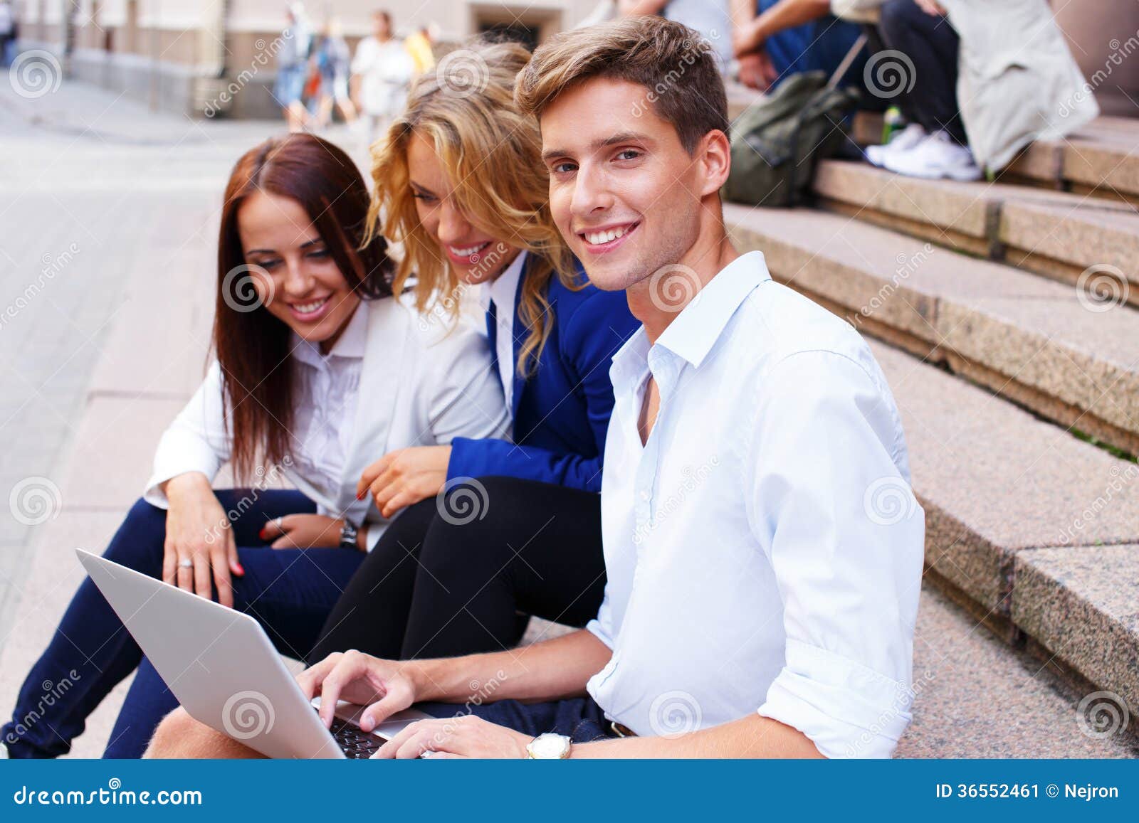 Friends with laptop stock image. Image of lifestyle, jacket - 36552461