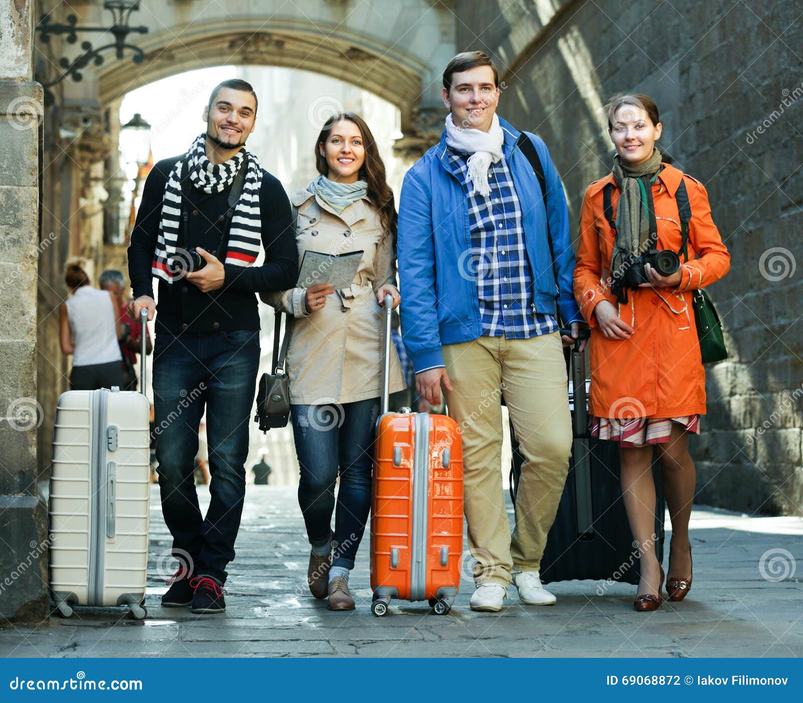 Friends with Luggage Outdoor Stock Photo - Image of european, scarf ...