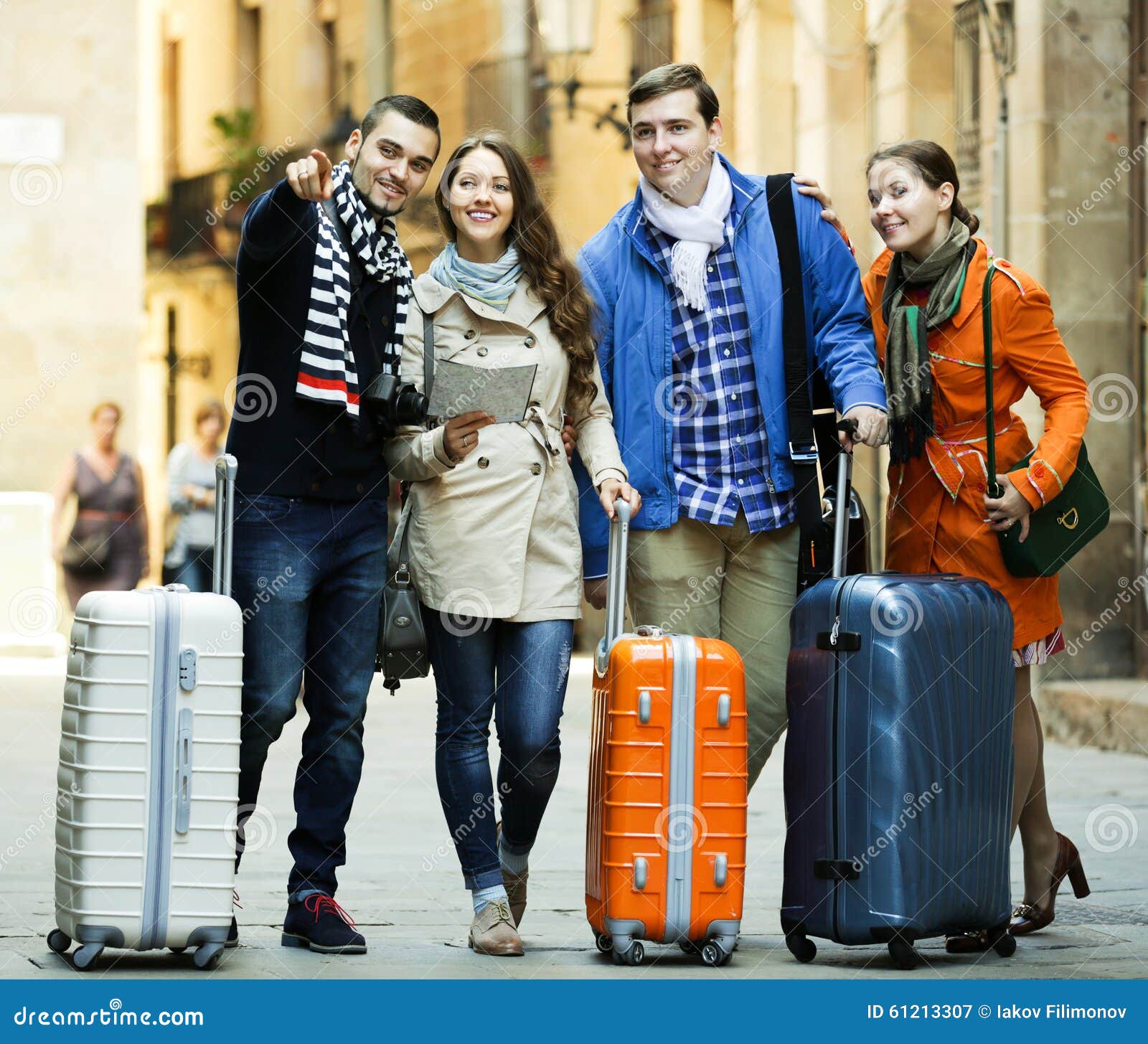Friends with Luggage Outdoor Stock Image - Image of route, coat: 61213307