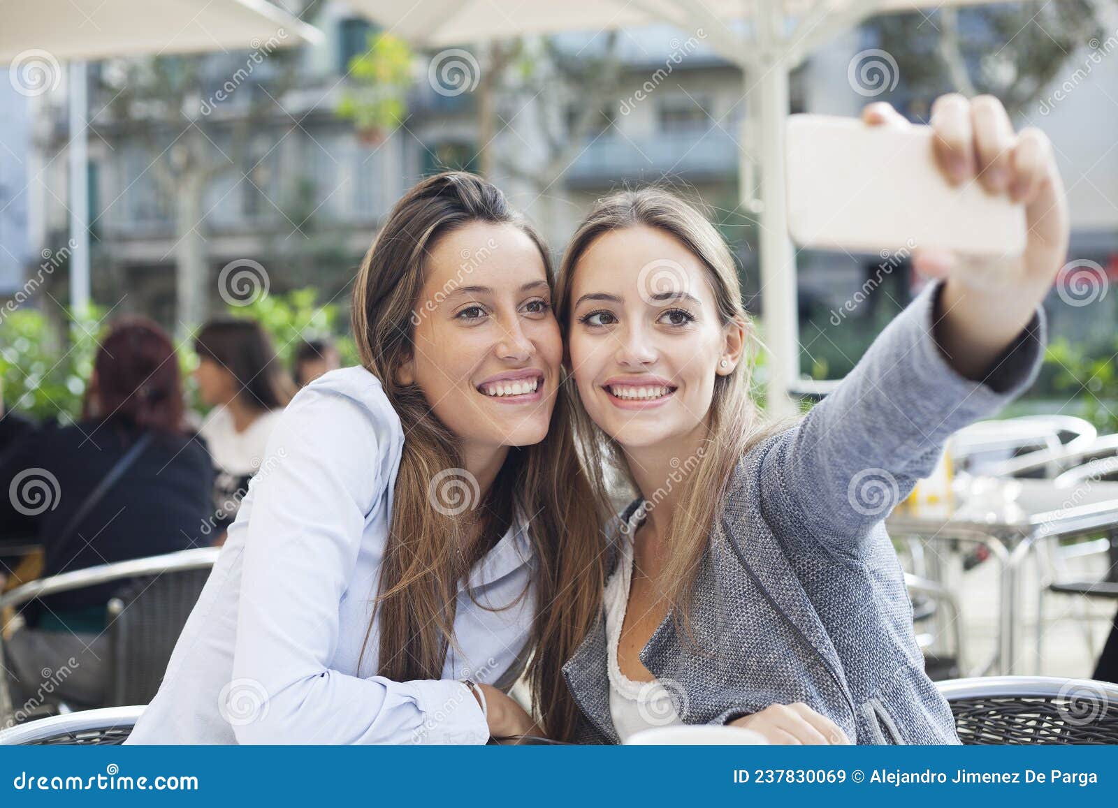 Friends Making Selfie Two Beautiful Young Women Making Selfie Stock