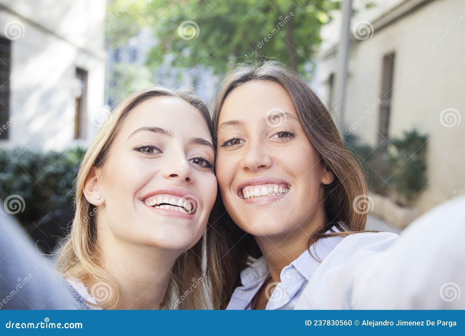 Smiling Friends Making Selfie Two Beautiful Young Women Making Selfie
