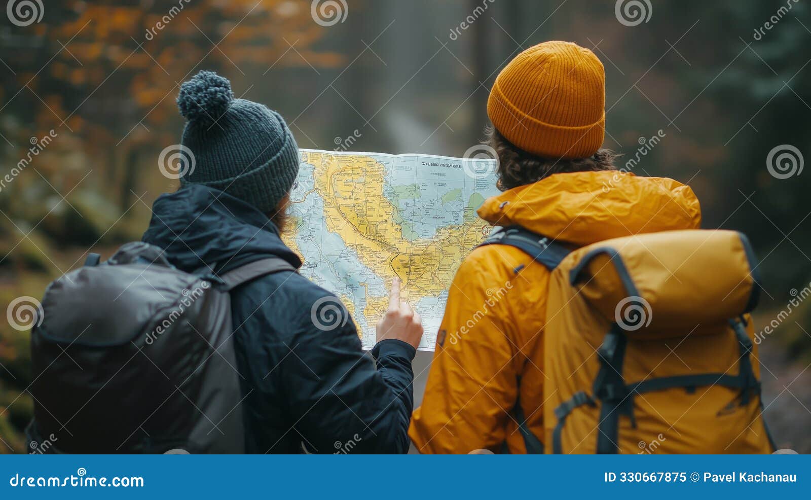 Friends Navigate a Forest Path while Examining a Map for Directions ...