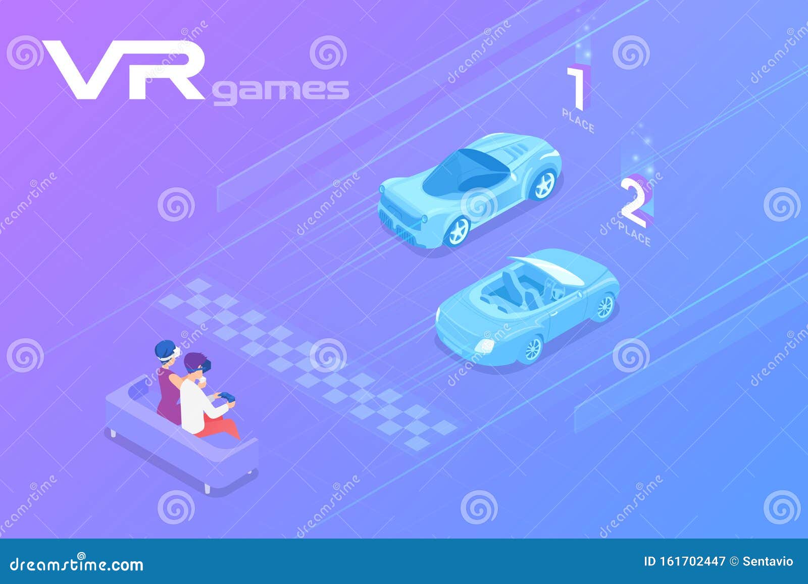 Friends Playing Car Racing in Virtual Reality VR Isometric Flat Vector ...