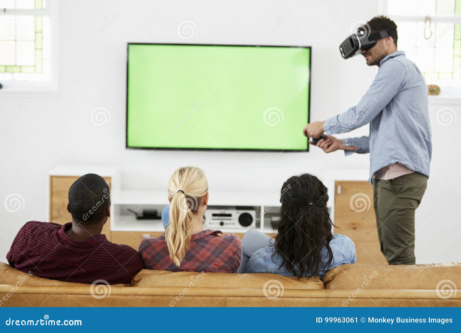 Friends Playing Computer Game with Virtual Reality Headset Stock Image ...
